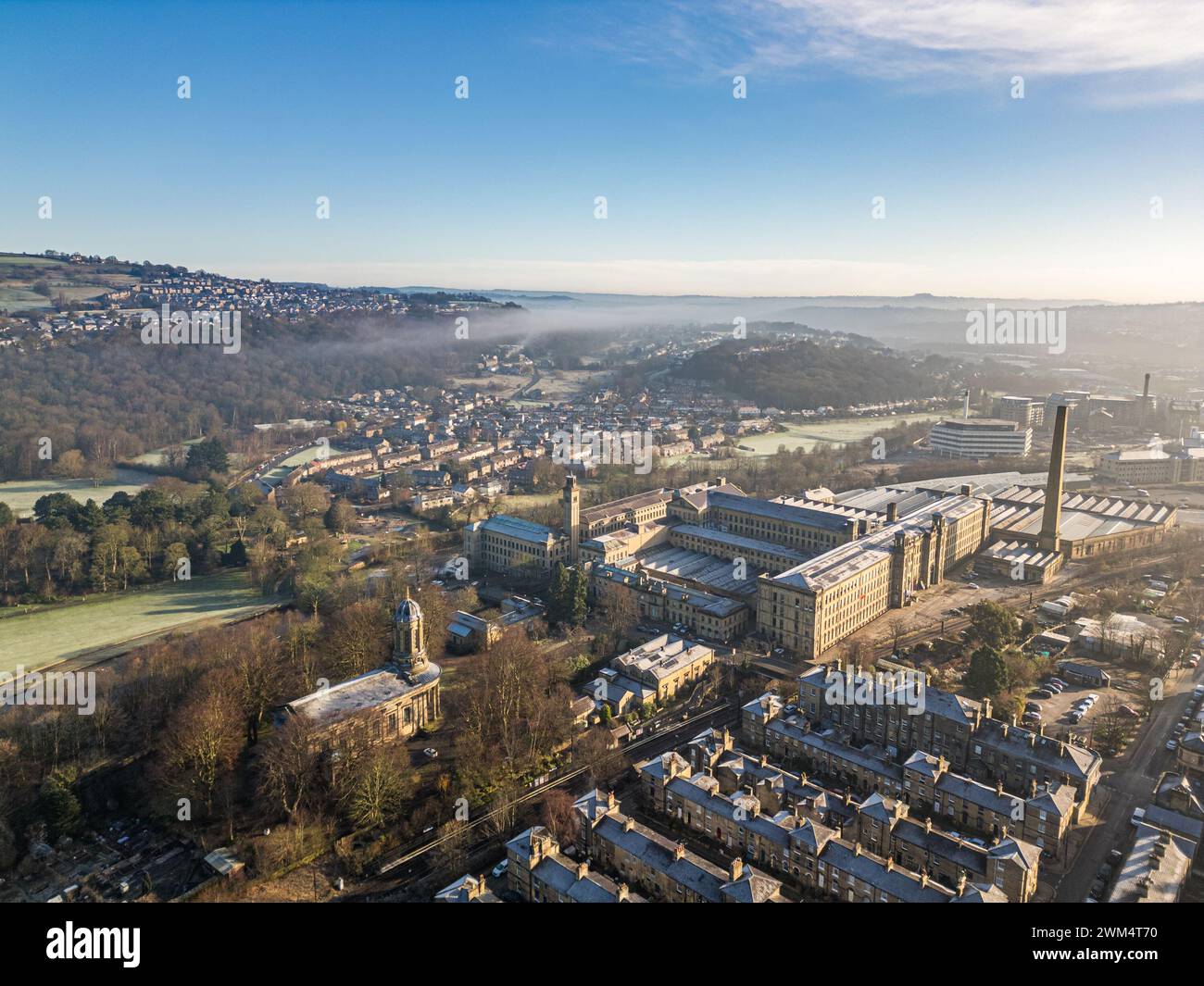 Aerial view of Saltaire village and Salts Mill a UNESCO World Heritage ...