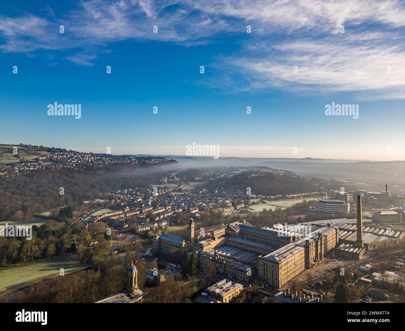 Saltaire, UK. 24th February 2024. UK Weather: Aerial view of Saltaire ...