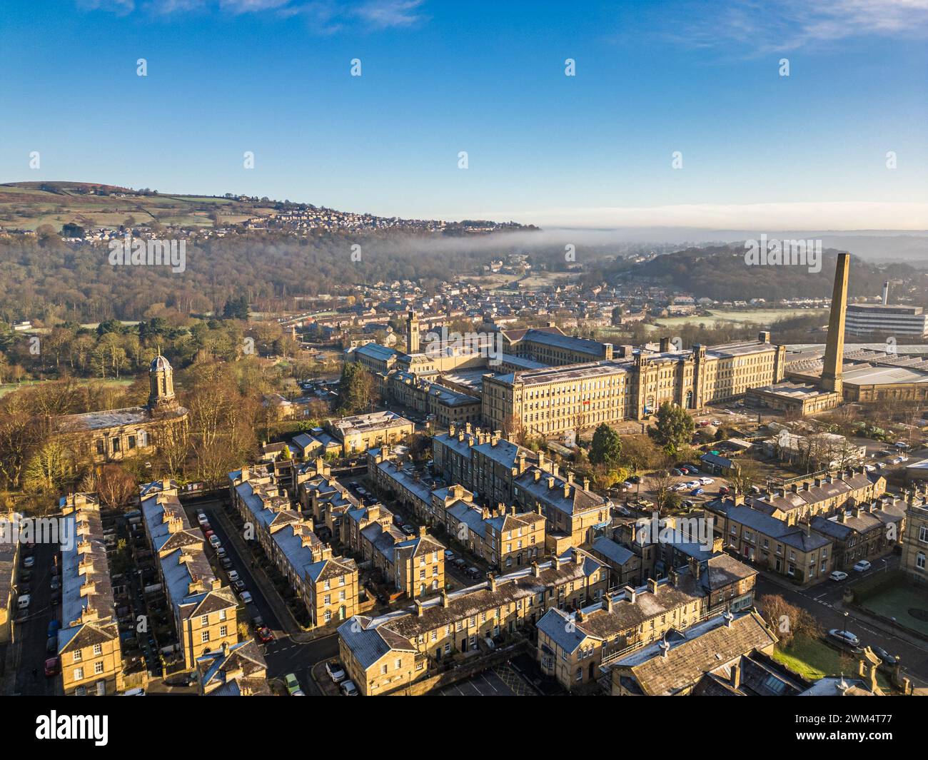 Aerial view of Saltaire village and Salts Mill a UNESCO World Heritage ...