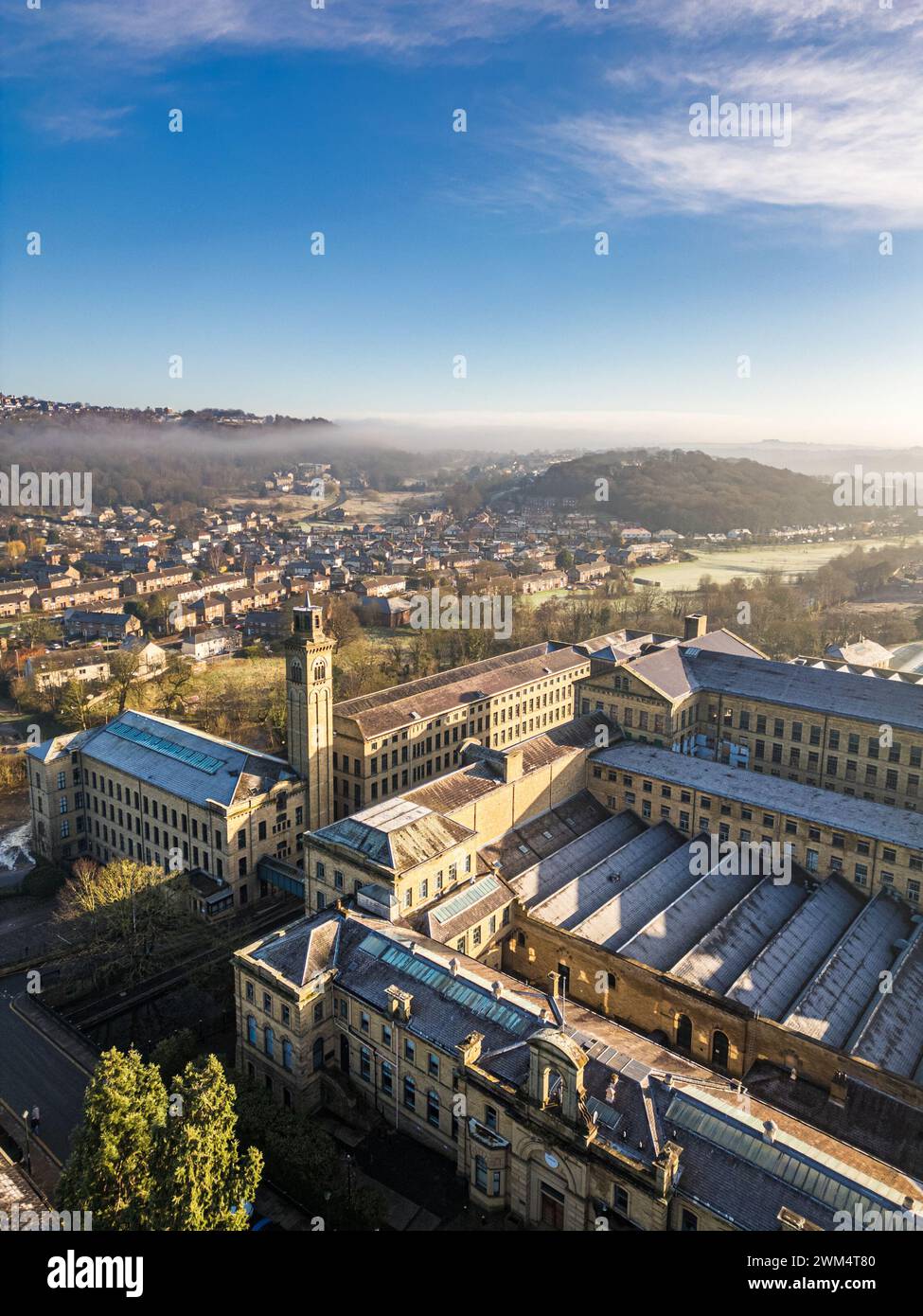 Saltaire, UK. 24th February 2024. UK Weather: Aerial view of Saltaire ...