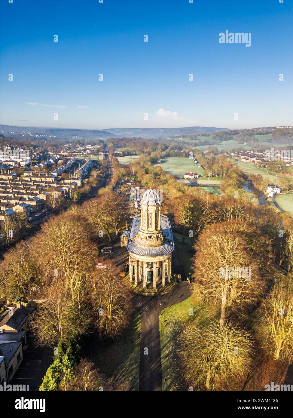 Aerial view of Saltaire United reformed church and Saltsire village a ...