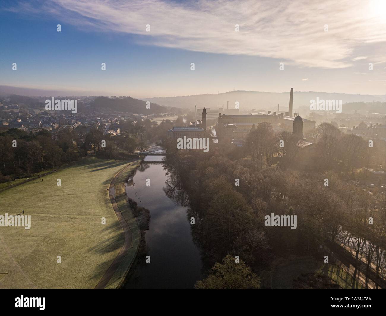 Aerial view of Saltaire village and Salts Mill a UNESCO World Heritage ...