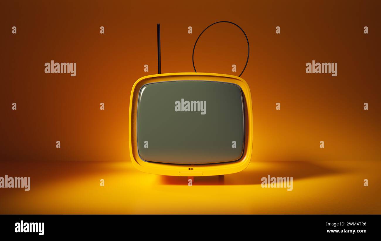 Yellow orange tv television retro screen antenna old vintage display 3d ...