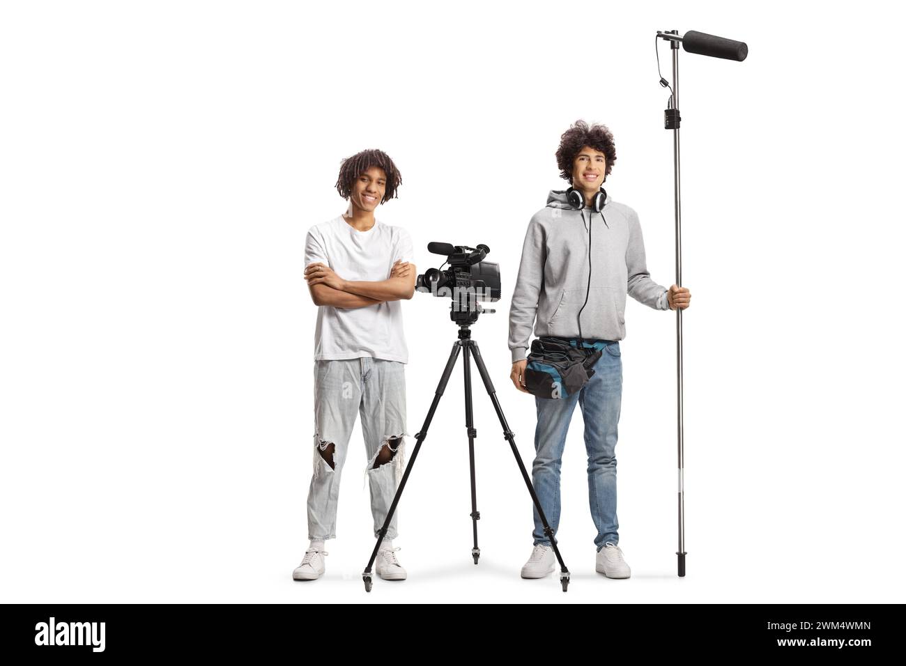 Boom and camera operators with recording equipment isolated on white ...