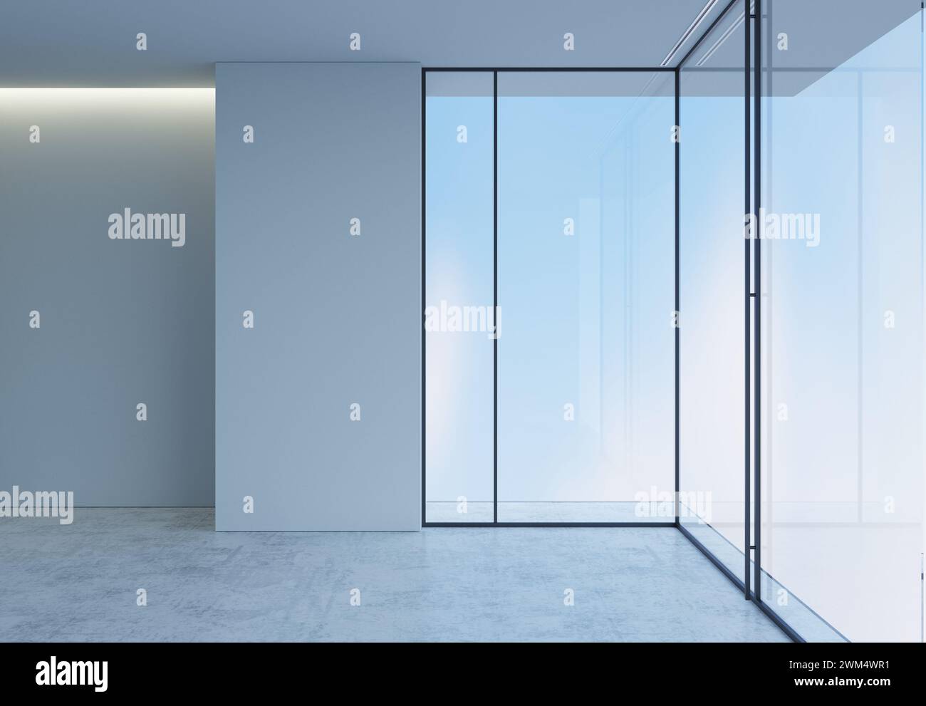 3d illustration. Concept blue background interior with a large sliding ...