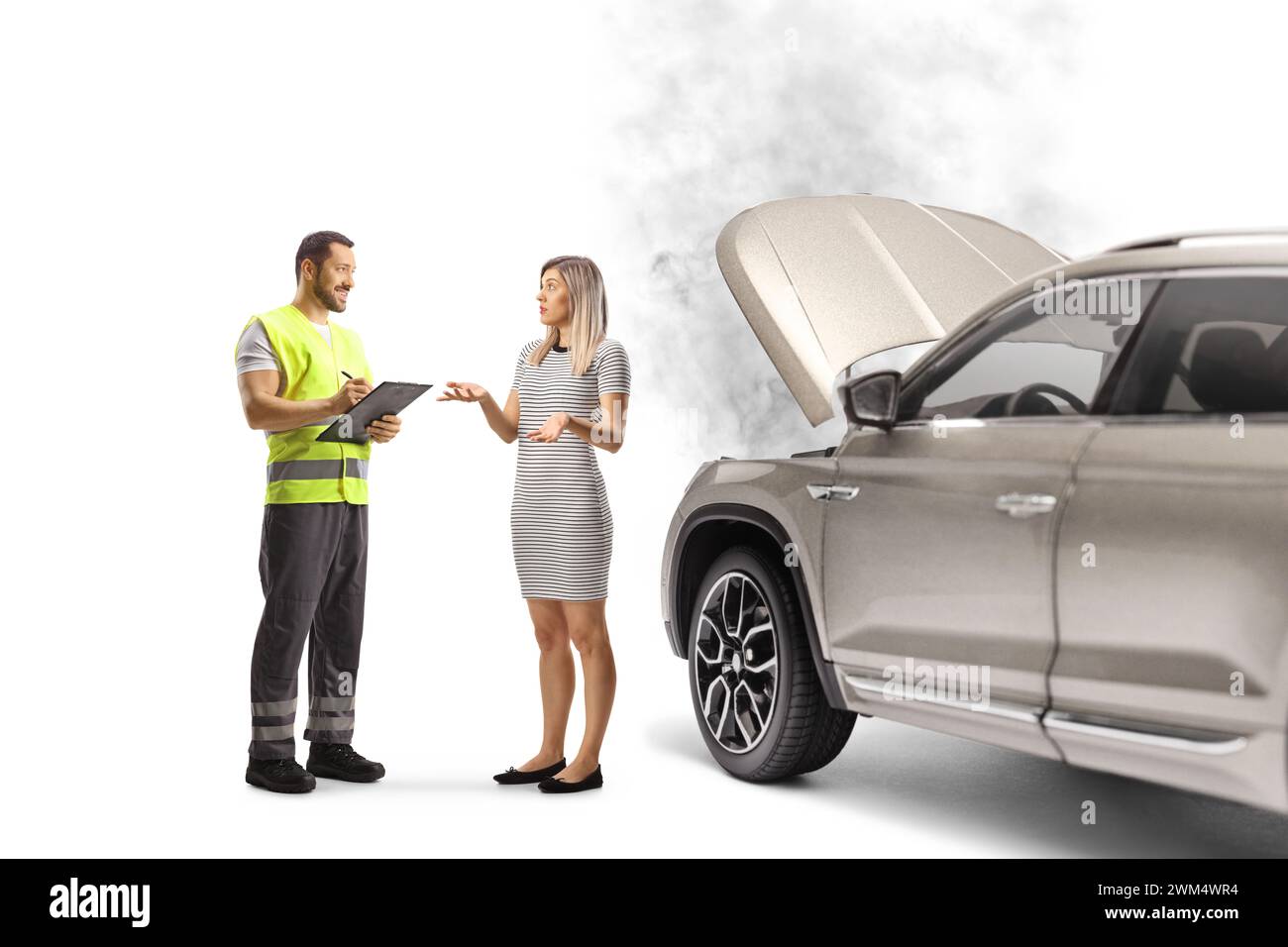 Woman driver with car problem talking to a road help worker isolated on ...