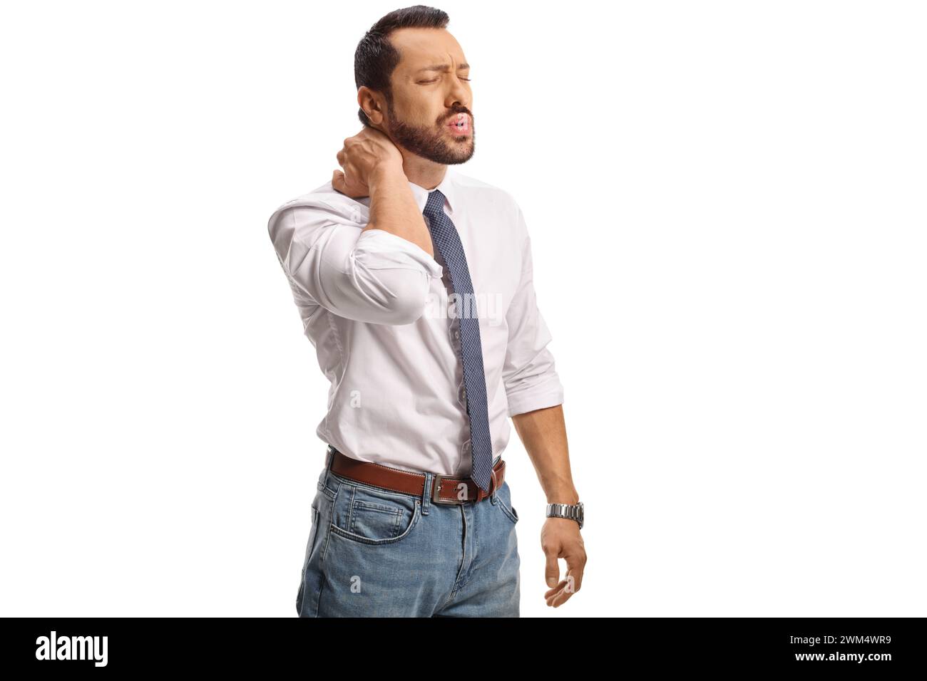 Young man suffering from stiff neck isolated on white background Stock ...
