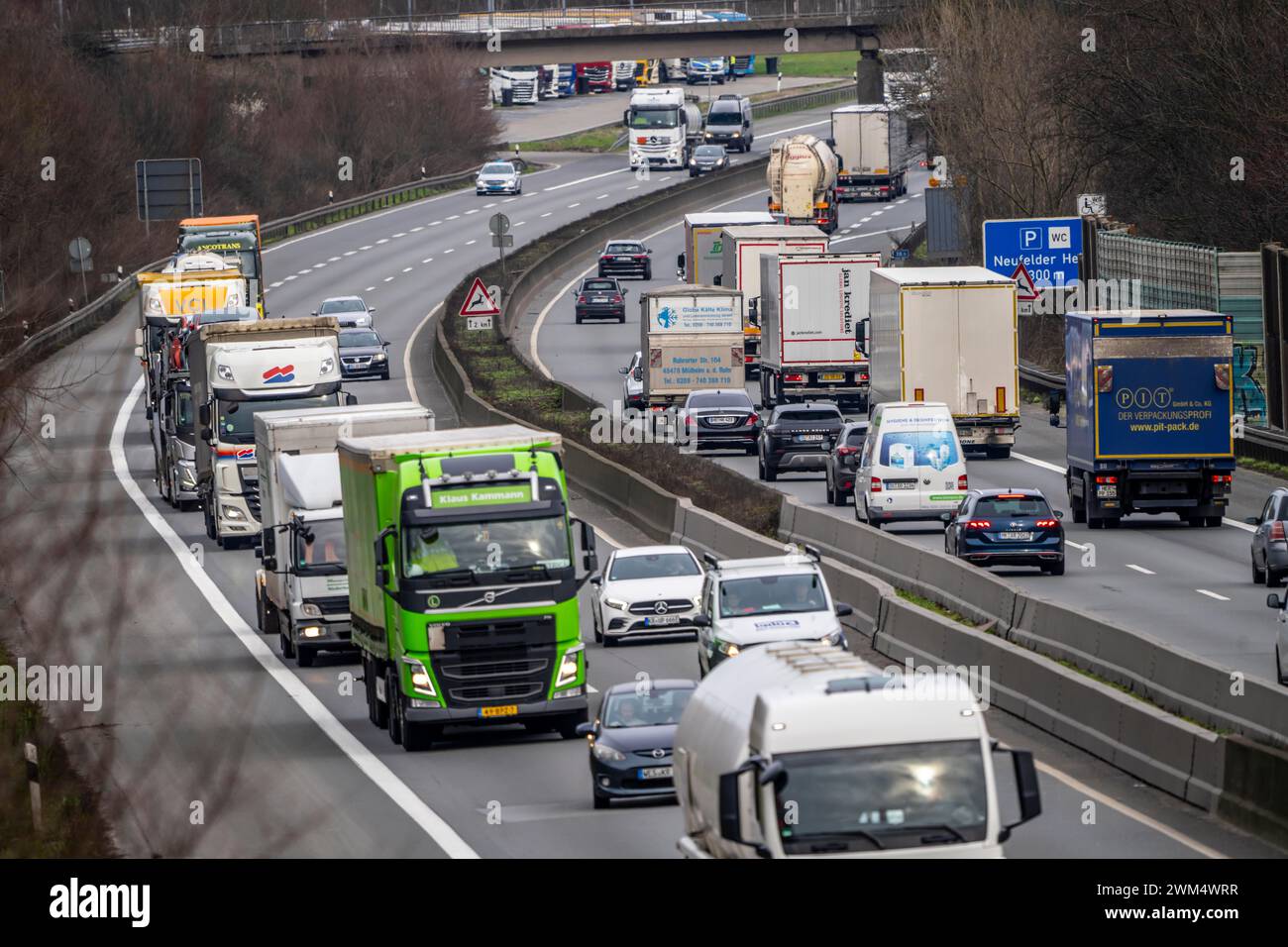 Heavy traffic, mainly trucks, on the A40 highway near Rheurdt, at the ...