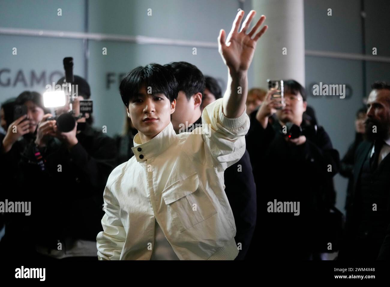 South Korea's rapper and singer Jeno arrives at the Ferragamo women's ...