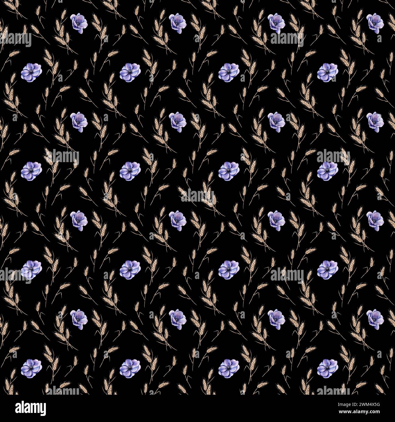 Seamless wheat spikelet pattern, purple anemones. Watercolor herbal ...