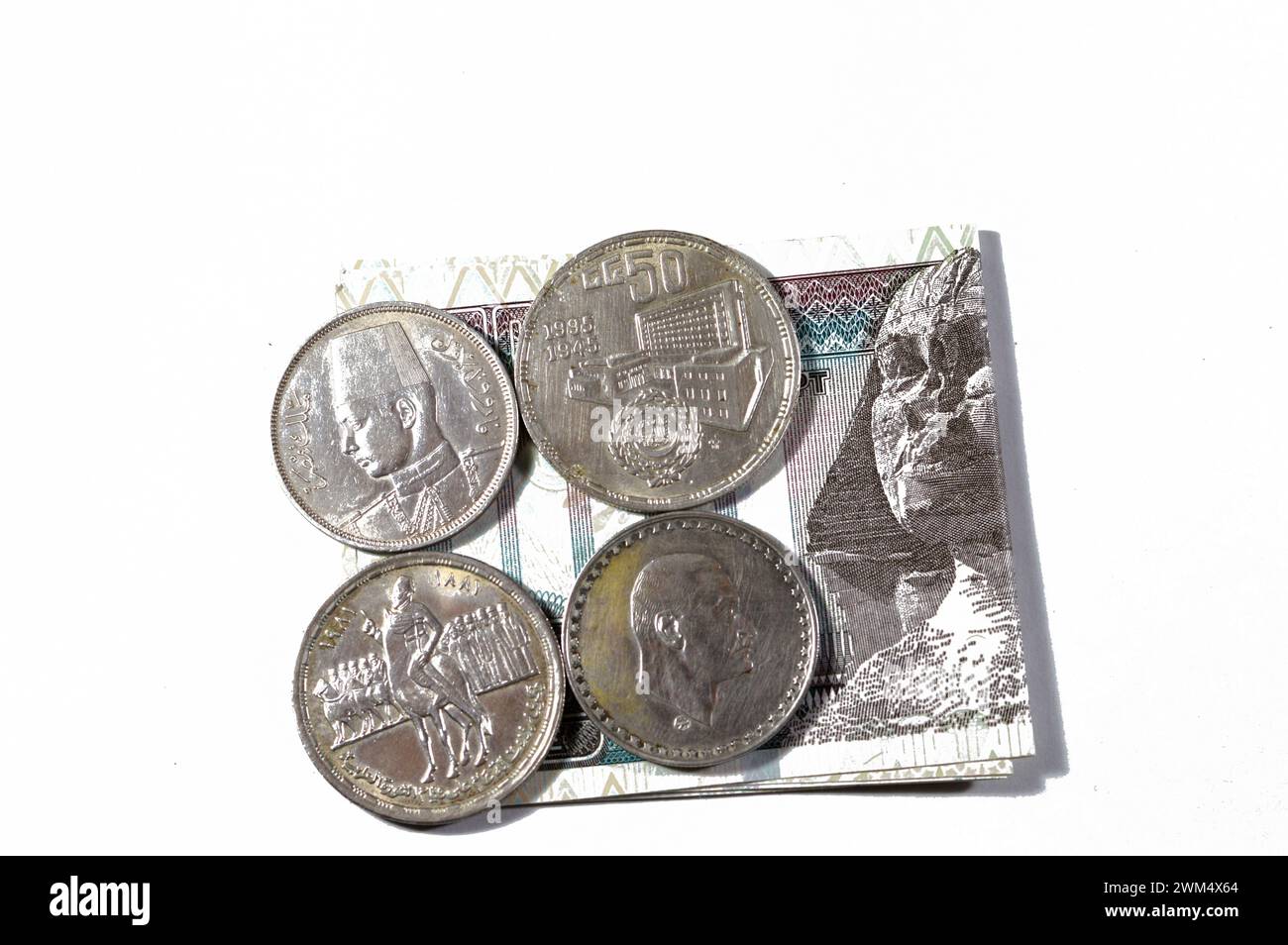 Egypt banknote with Egyptian silver coins of Orabi revolution ...