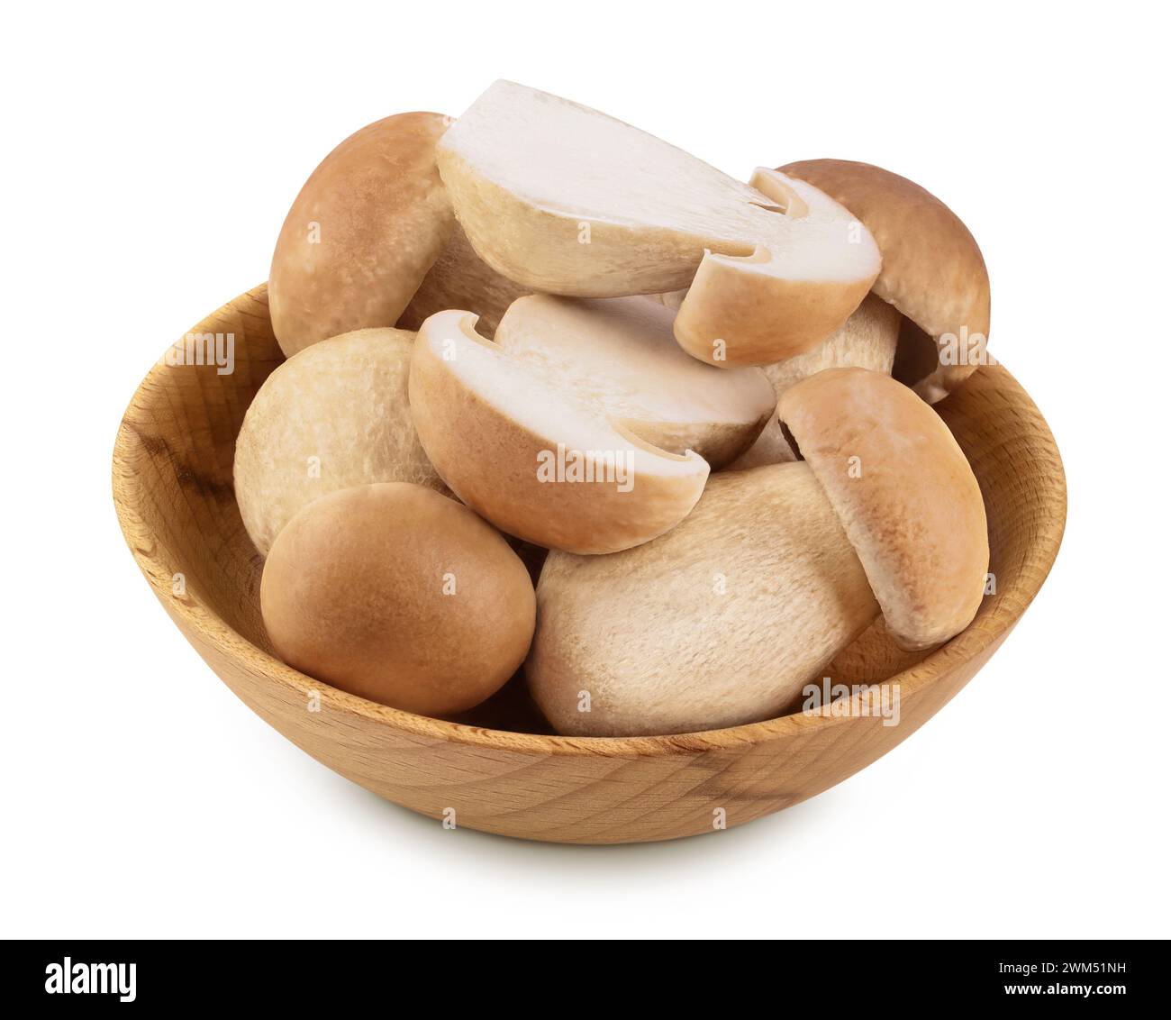 Fresh porcini cep mushroom in wooden bowl isolated on white background ...