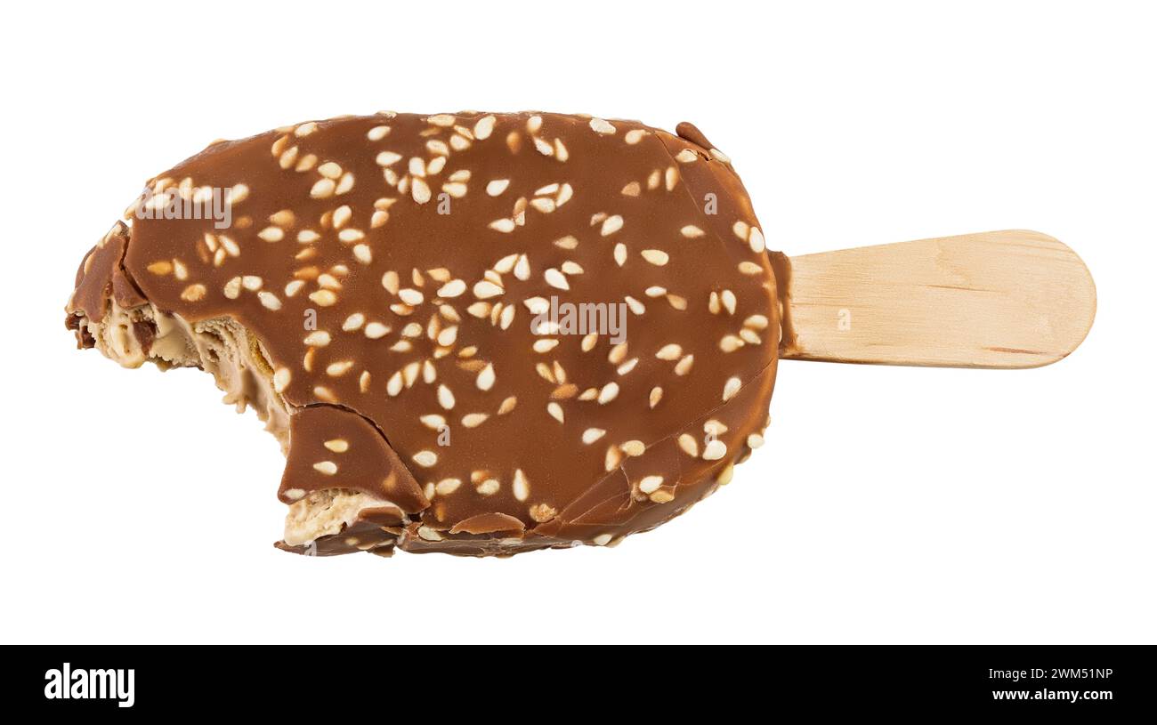 Bitten Ice cream bar with chocolate coating isolated on white ...