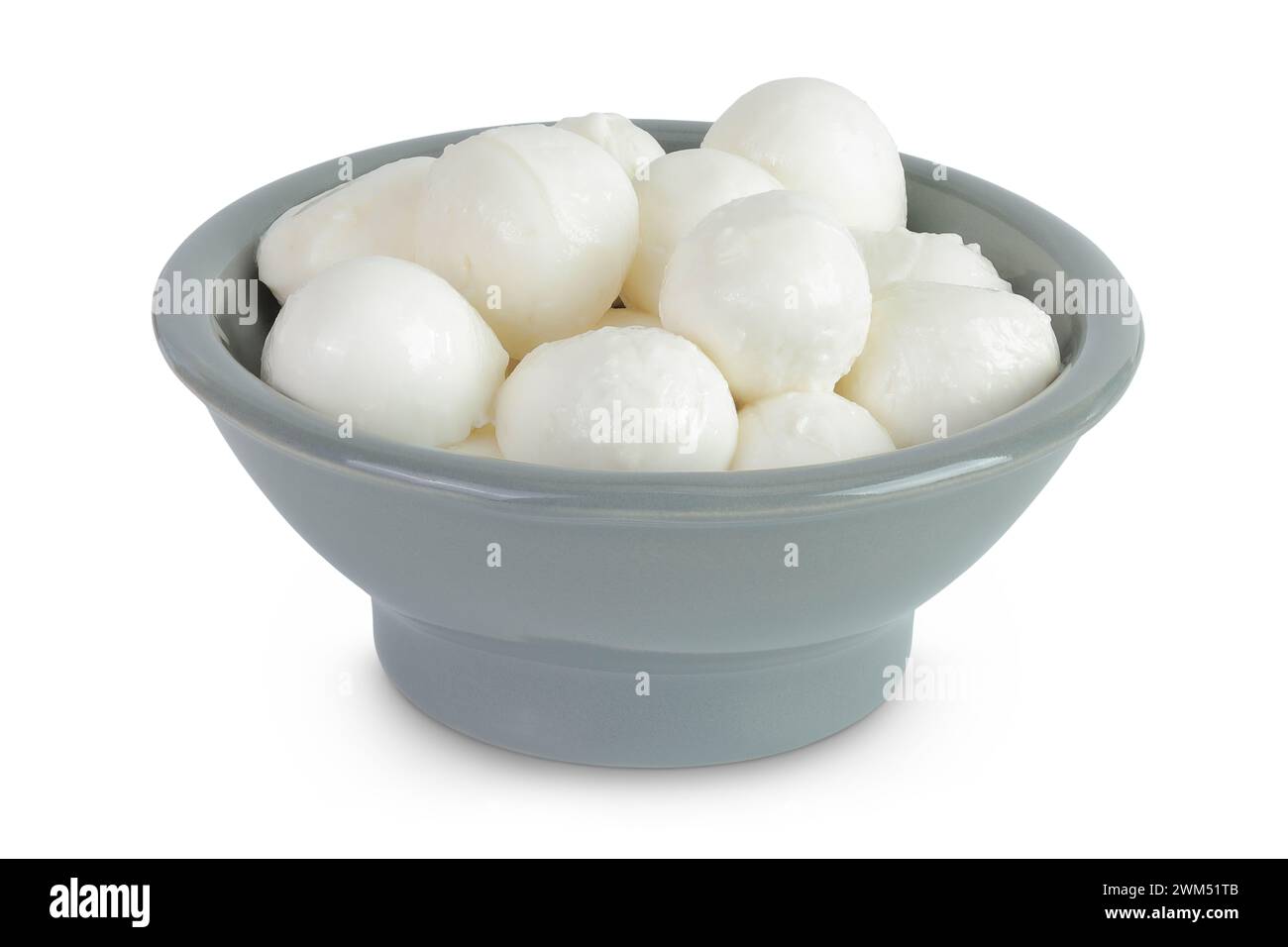 Mini mozzarella balls in a grey ceramic bowl isolated on white ...