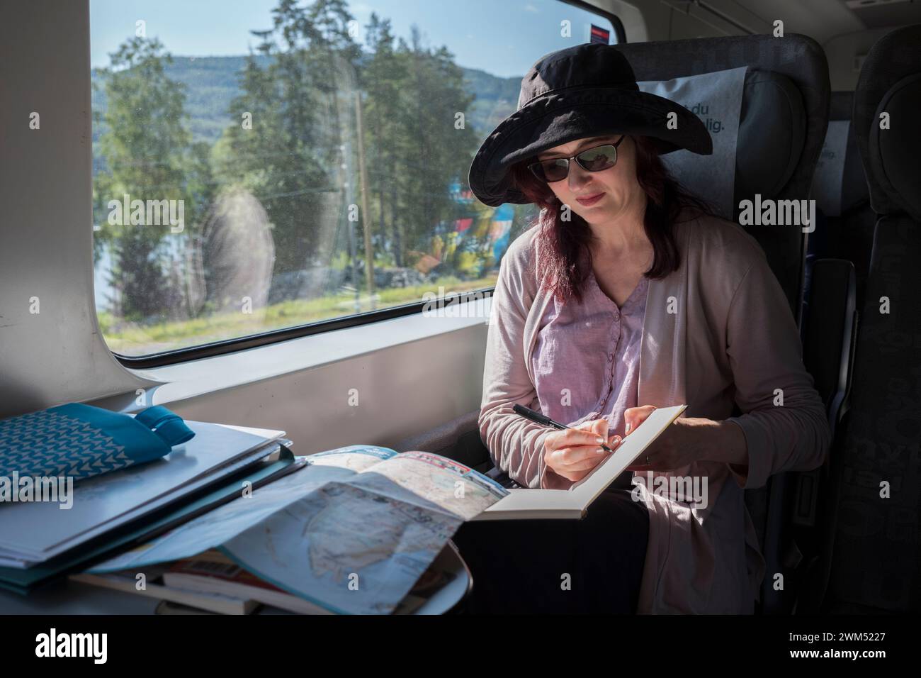 Oslo, Norway, June 22, 2023: A woman on a train from Oslo to Bergen ...