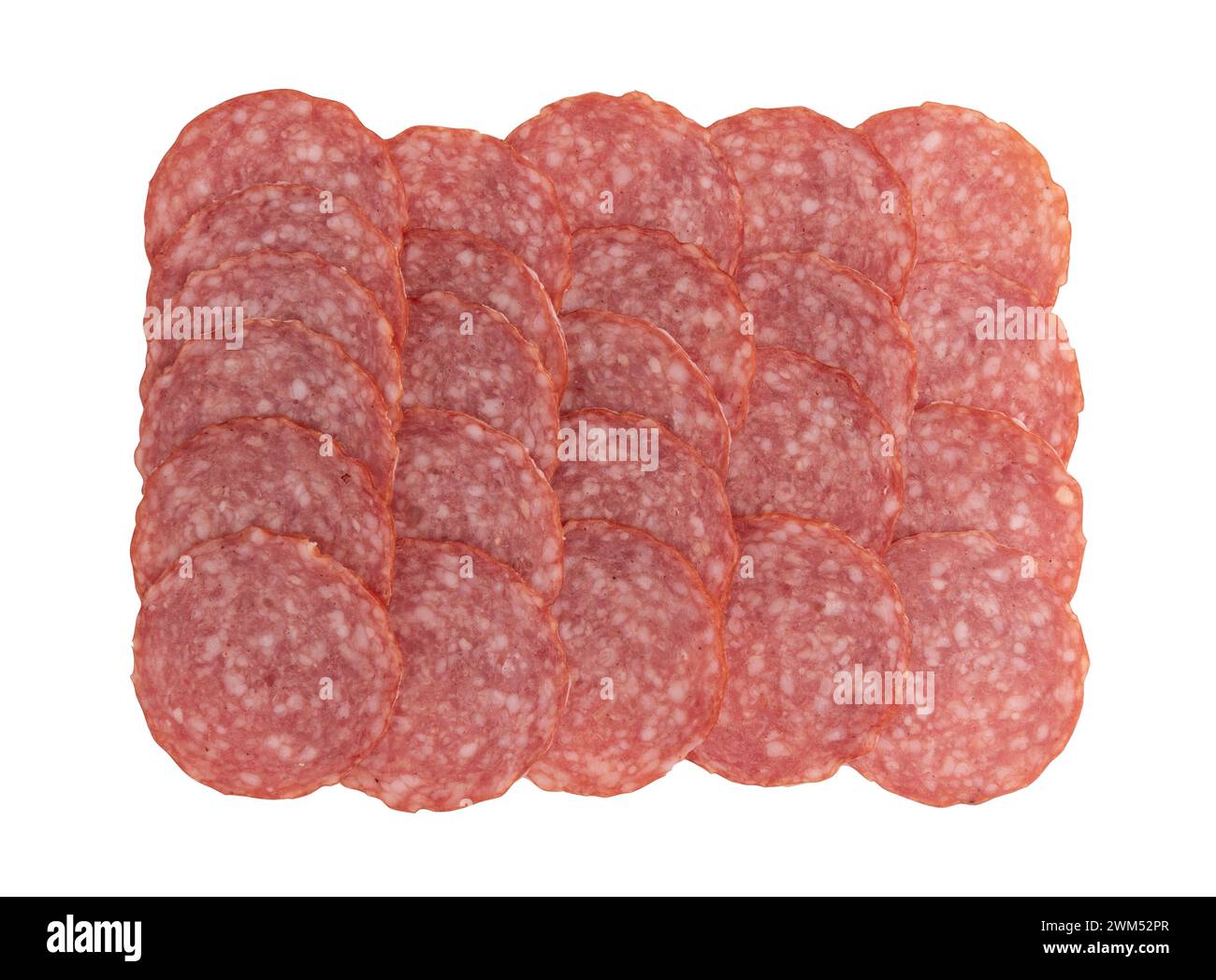 pieces of sliced salami sausage laid out to create layout, salami sausage slices isolated on ...