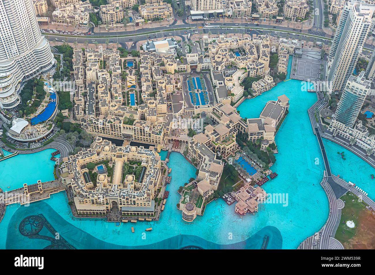 Dubai Fountains and Mall as seen from Burj Khalifa Tower, aerial view ...