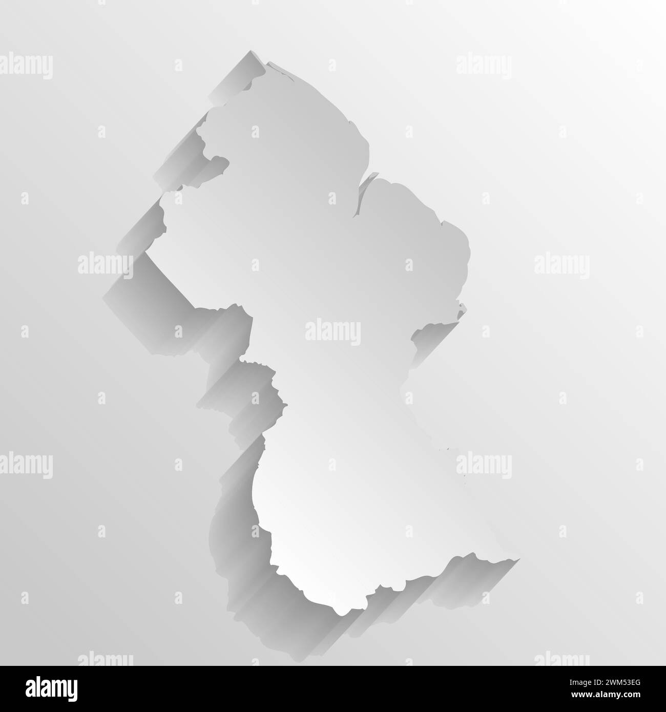 Guyana country silhouette. High detailed map. White country silhouette with dropped long shadow ...