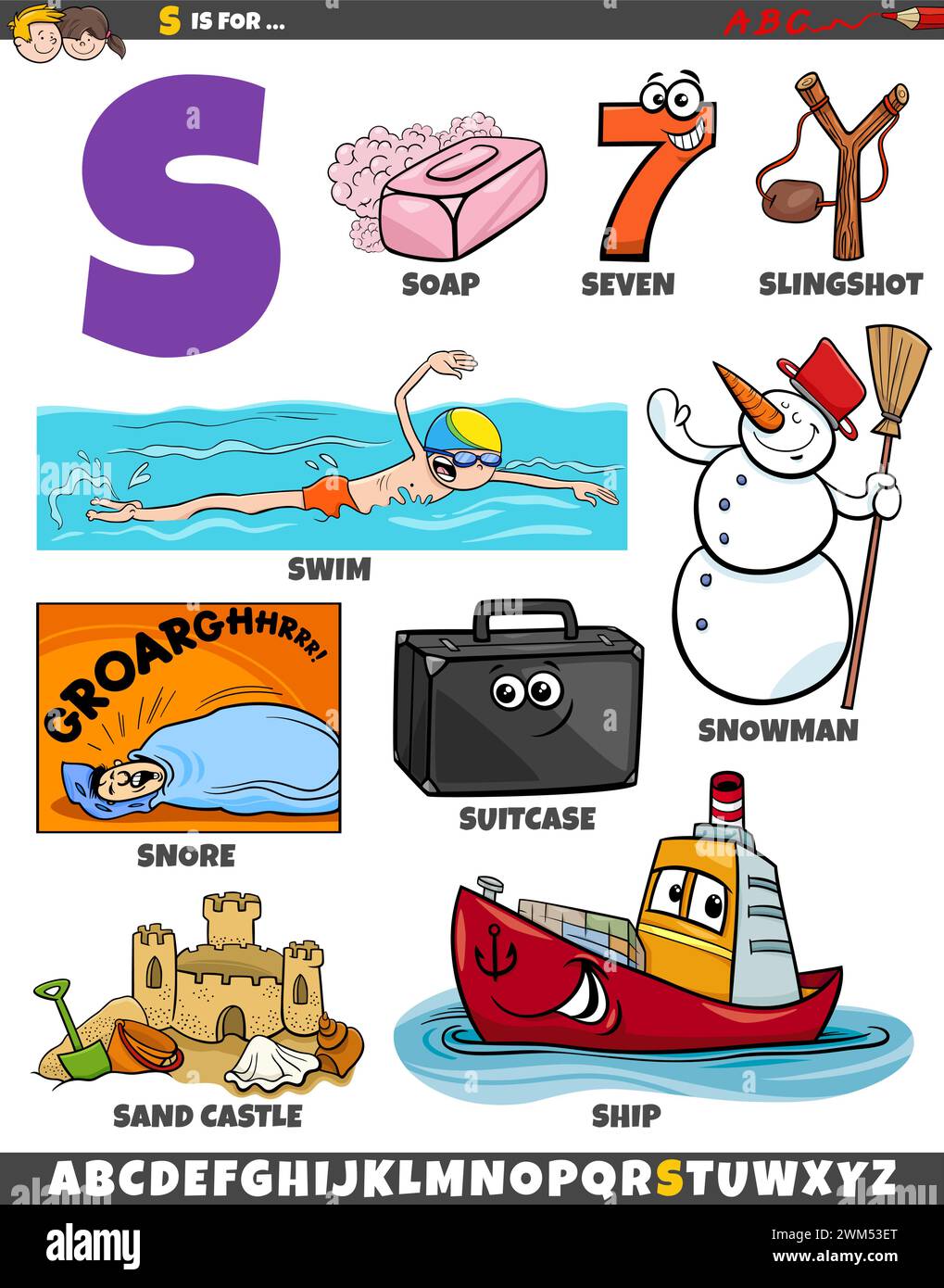 Cartoon illustration of objects and characters set for letter S Stock ...