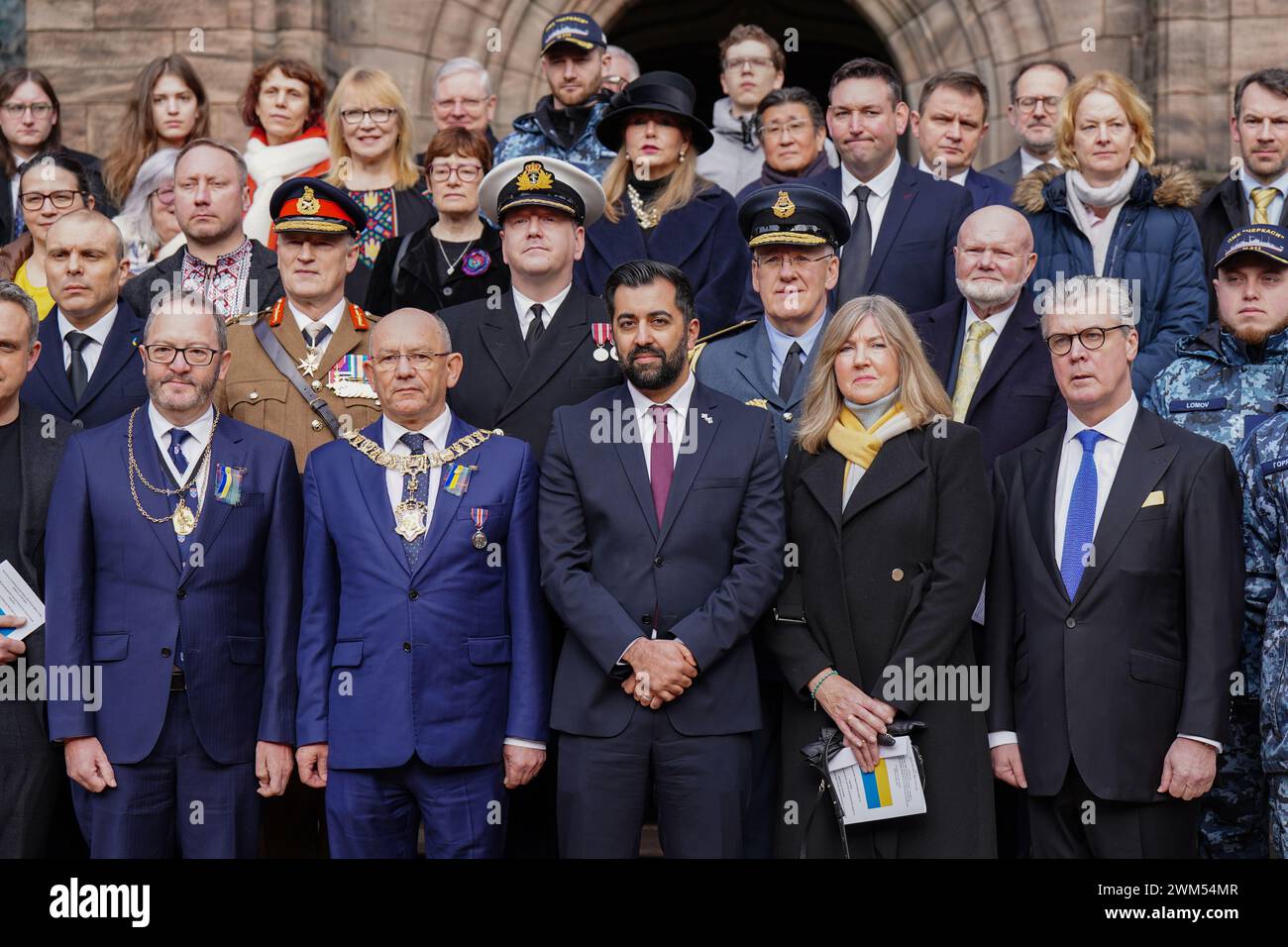 Scotland's First Minister Humza Yousaf (centre) with Lord Provost ...