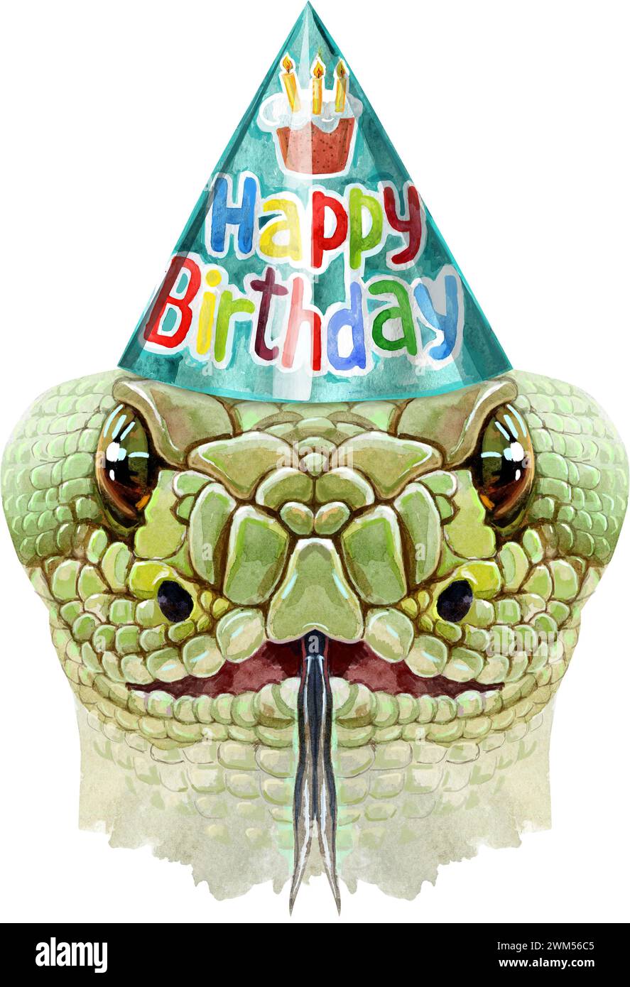 Snake head in party hat. Green reptile watercolor illustration Stock ...