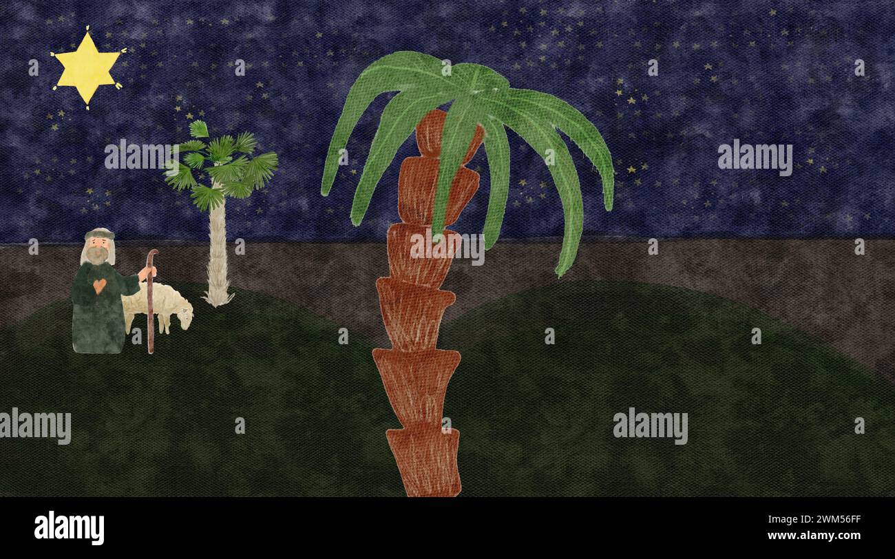 Artistic representation of a shepherd by a palm tree in a natural ...