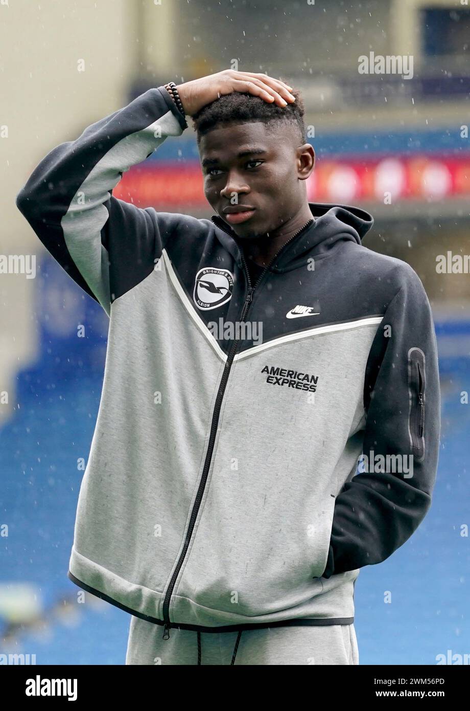 Brighton and Hove Albion's Carlos Baleba arrives at the ground ahead of ...