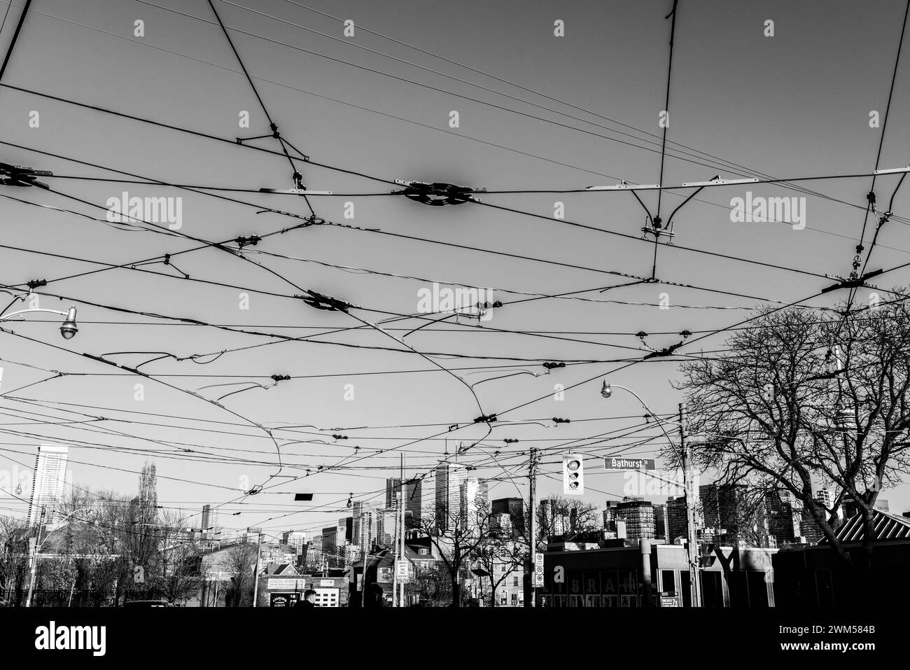 Toronto, Canada - Electricity poles with skyline of Toronto in black ...