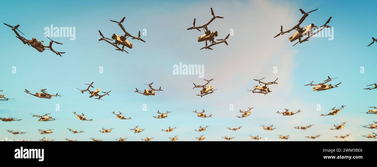 Aerial Squadron of Drones in Formation Against a Clear Blue Sky Stock Photo - Alamy