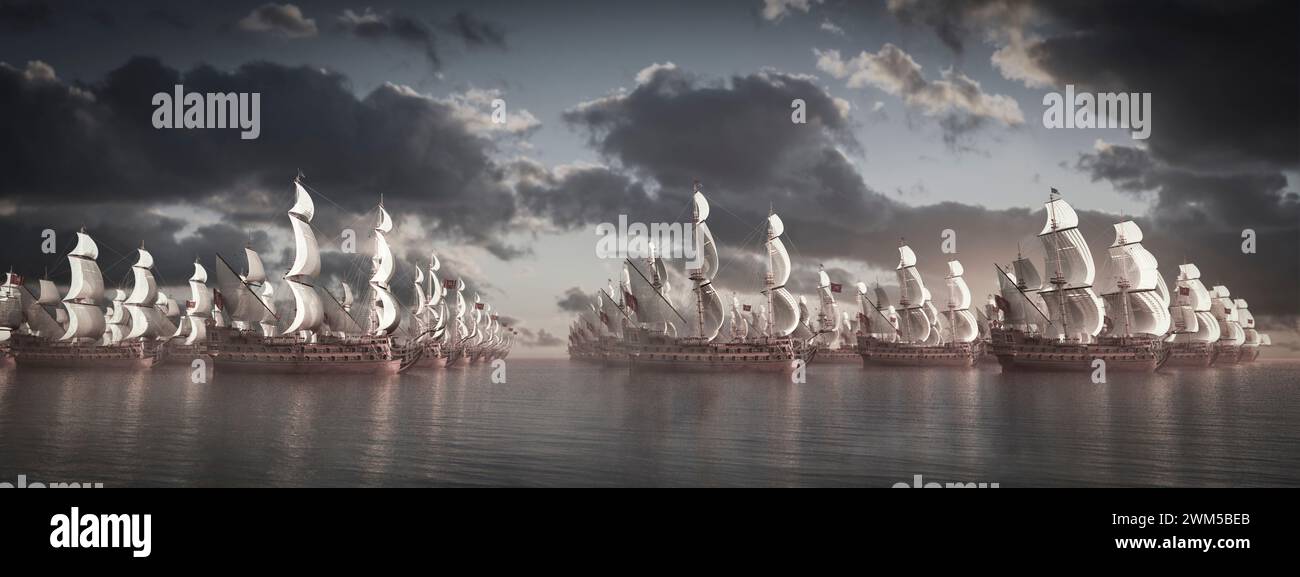 Majestic Fleet of Sailing Ships on the Horizon at Dawn Stock Photo - Alamy