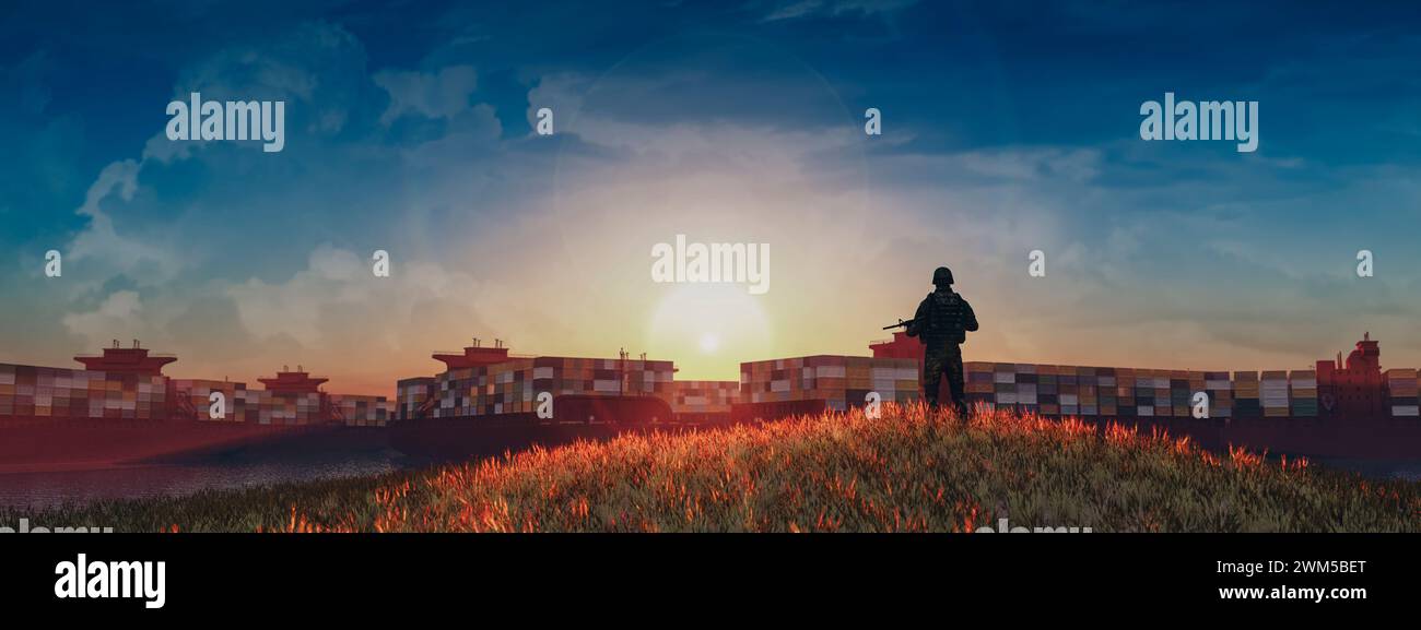 Sunset Watch Over Container Port: Soldier Surveying the Docks Stock ...