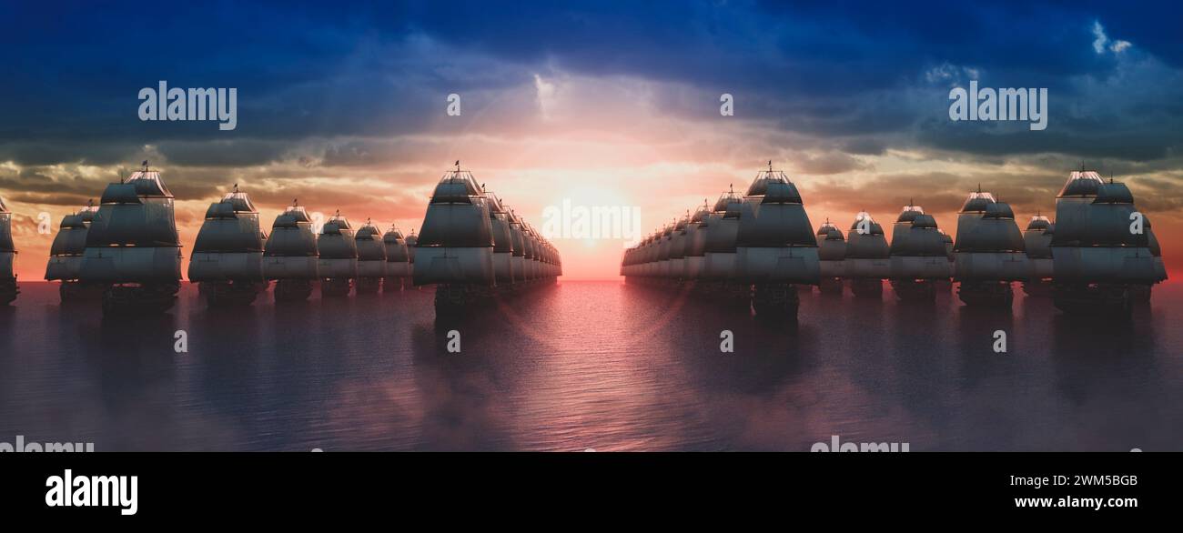 Sunset Mirage: Ethereal Fleet of Galleon Ships on the Ocean's Horizon ...