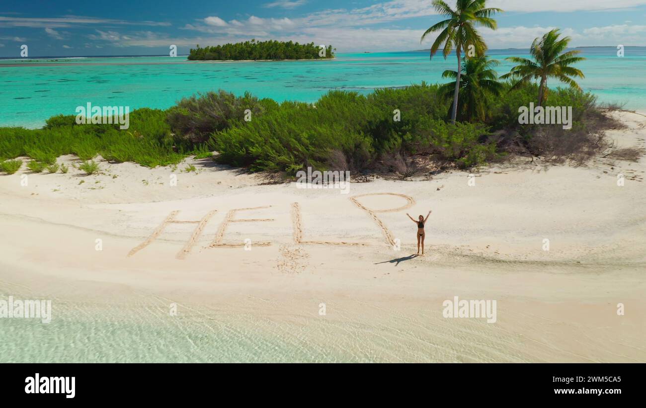 Aerial view lonely tropical inhabited island surrounded turquoise coral ...