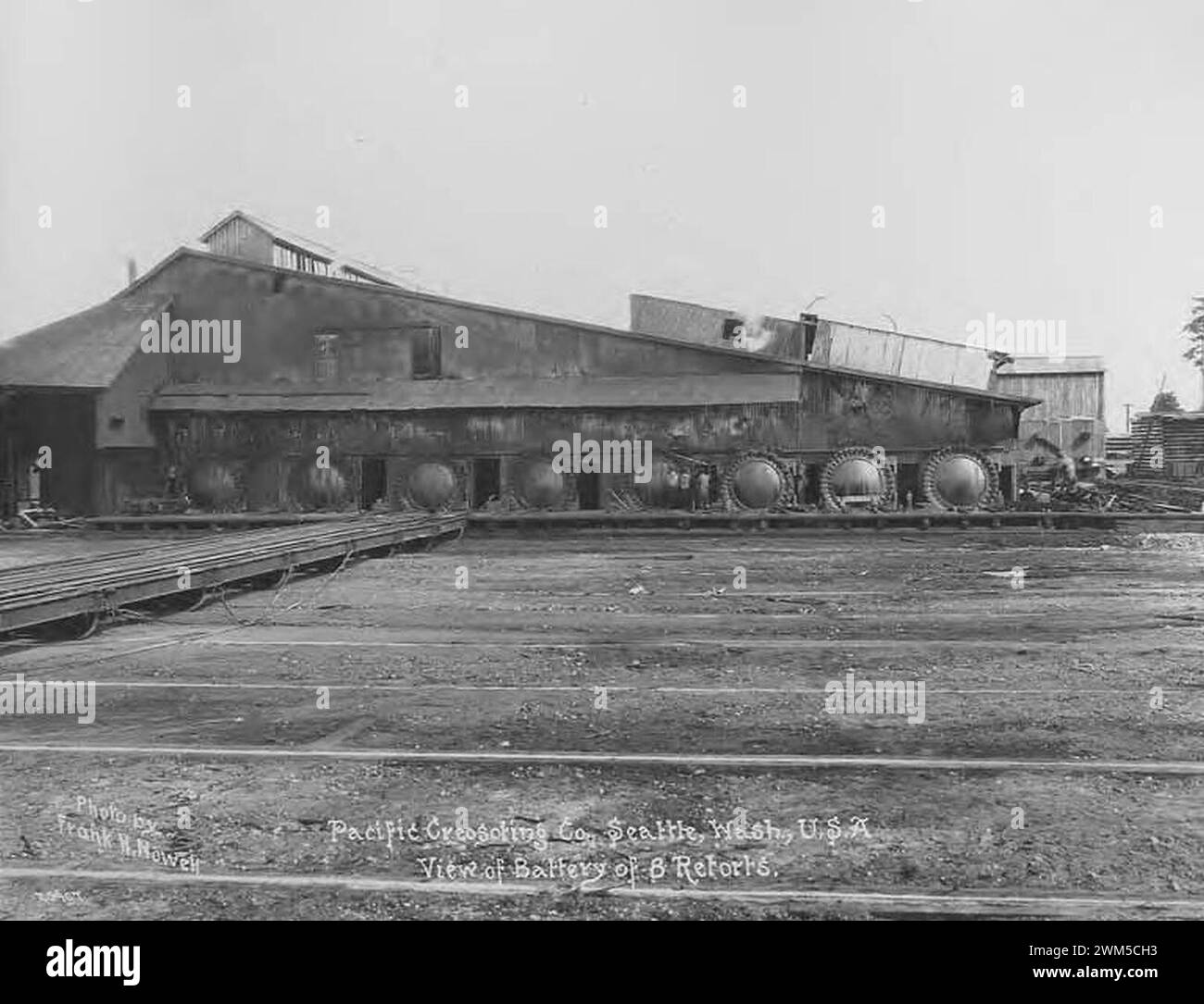 Battery view of eight retorts at the Pacific Creosoting Company ...