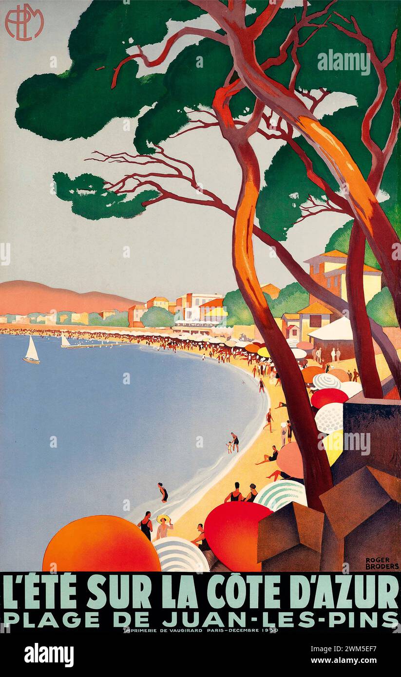 Vintage Travel Poster. "L'Éte sur la Côte d'Azur - Plage de Juan-Les-Pins' . France by Roger ...