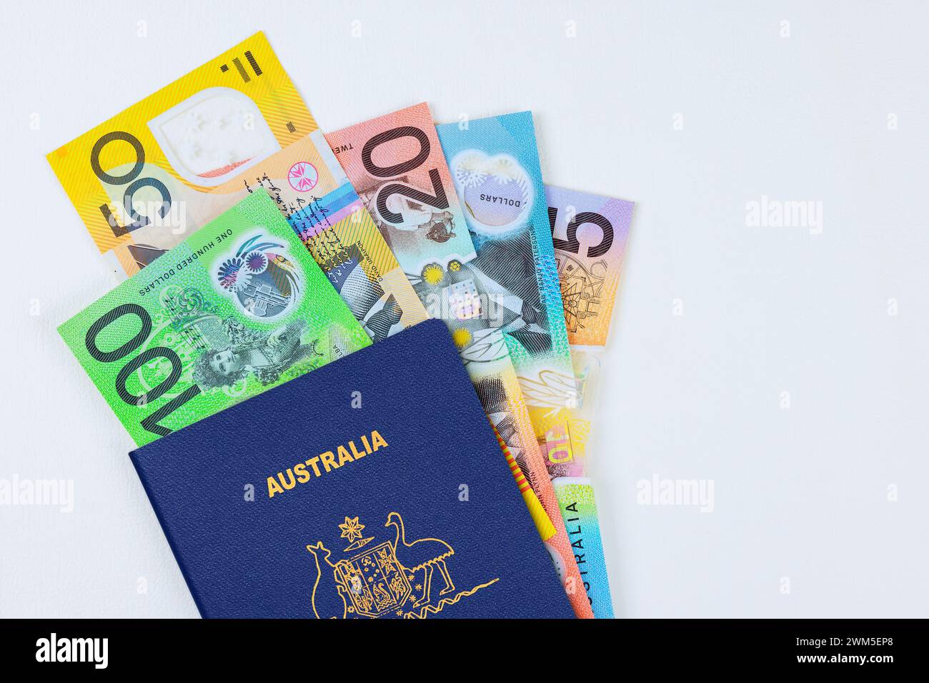 Australian currency dollars cash banknotes an Australian passport with ...