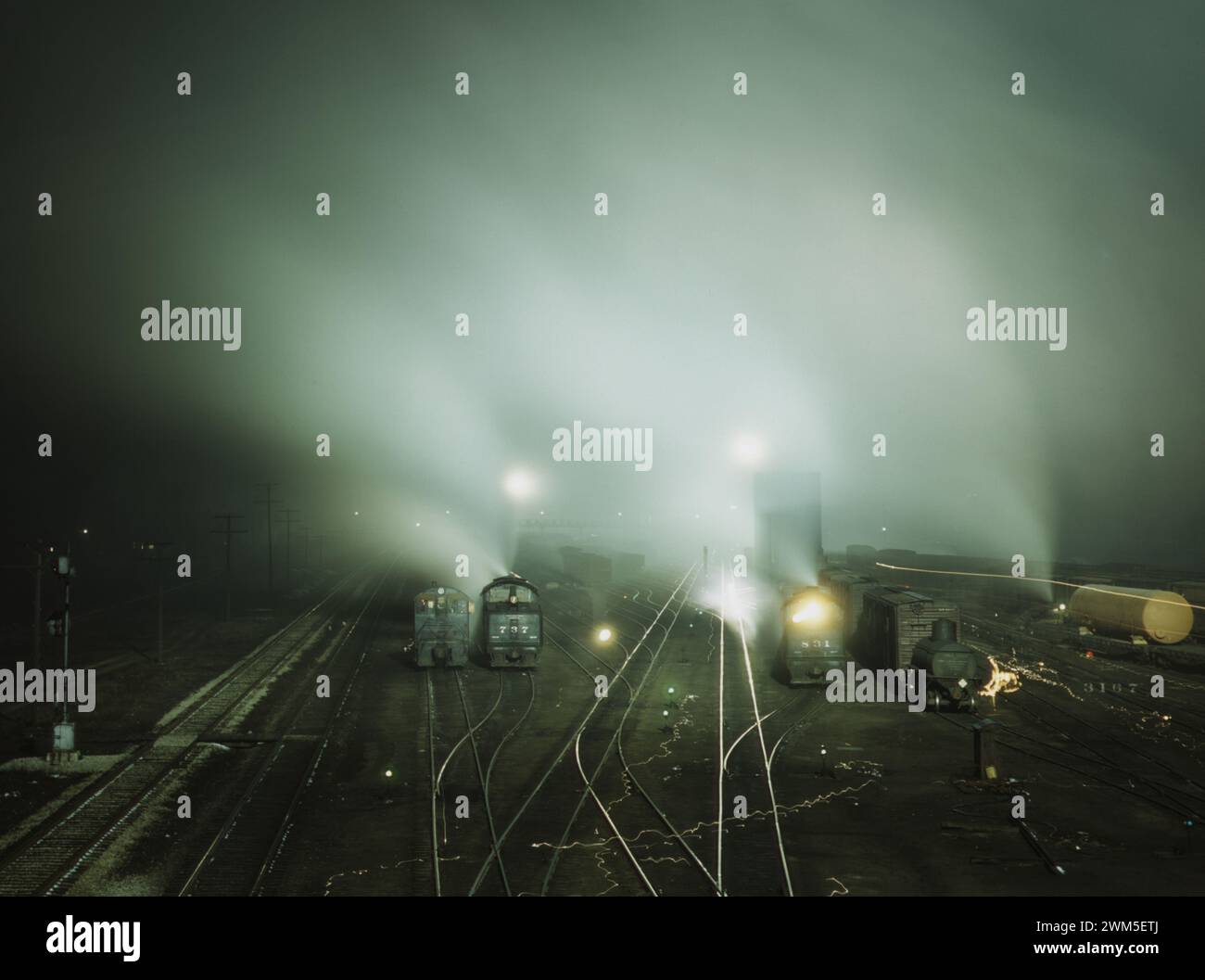 Night view of Santa Fe Railroad Yard, Trains in the dark with ...