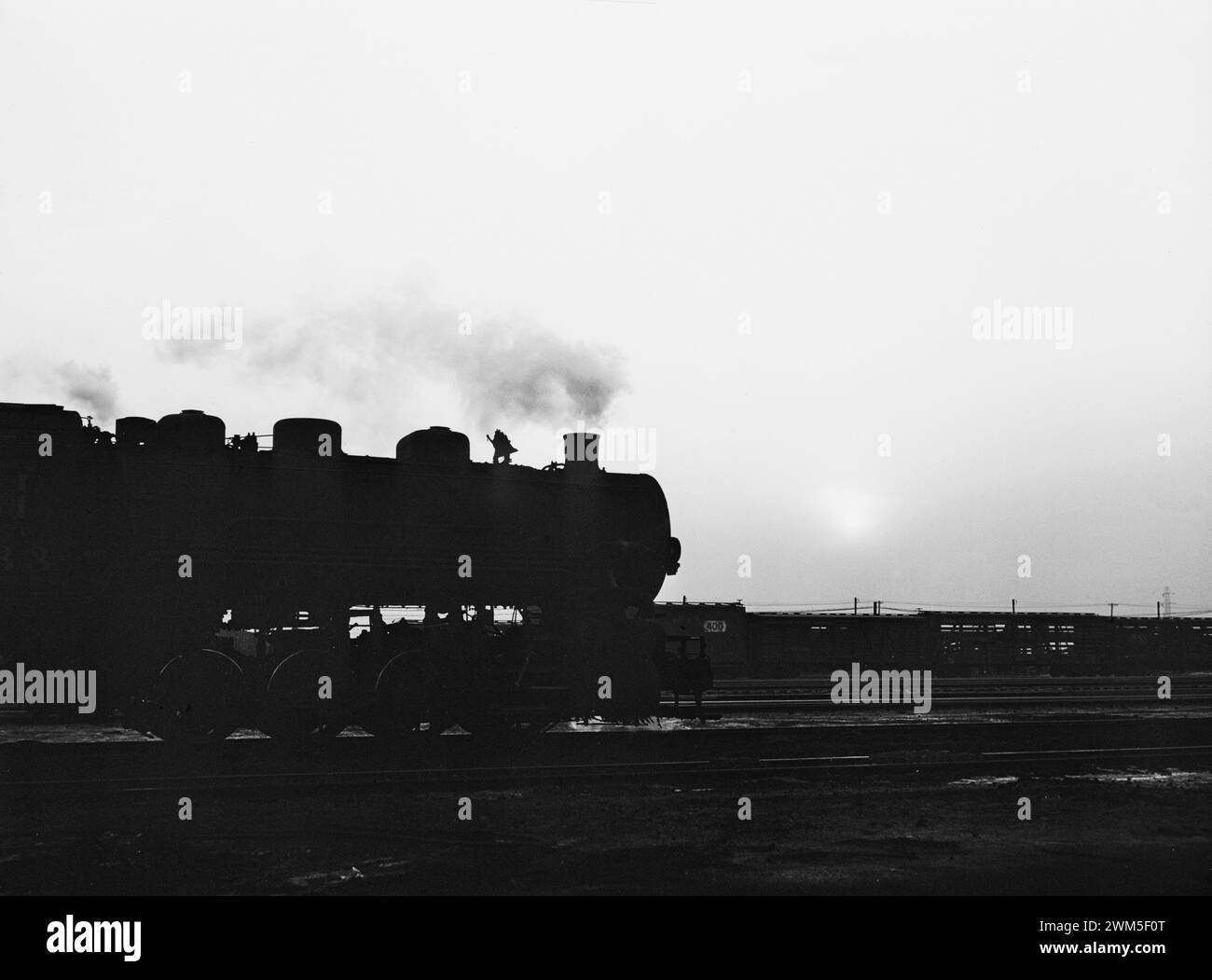 Silhouette of a Locomotive, Chicago, Illinois. In the yards of the ...