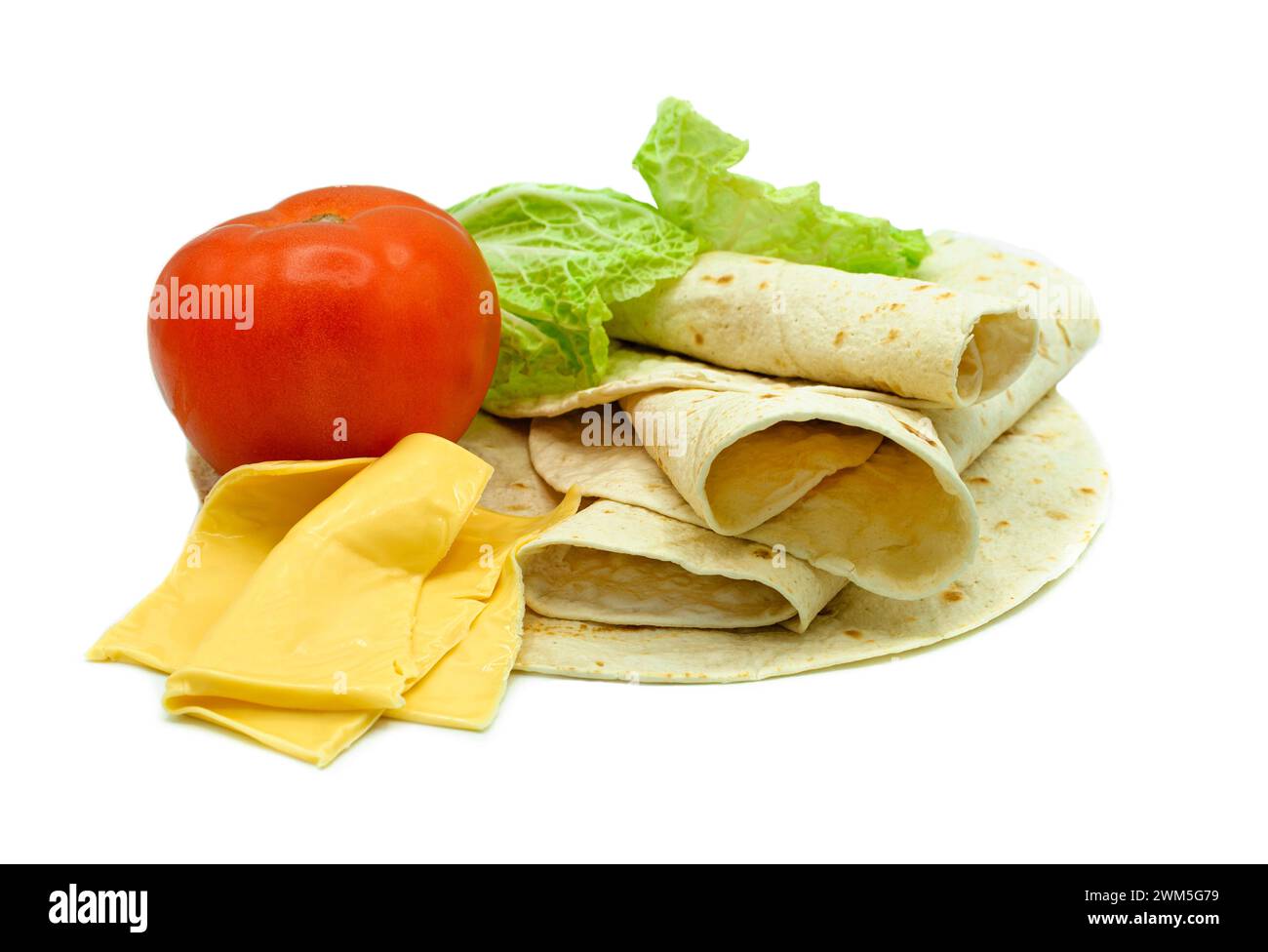 Close-up of round tortillas of wheat isolated on white background ...