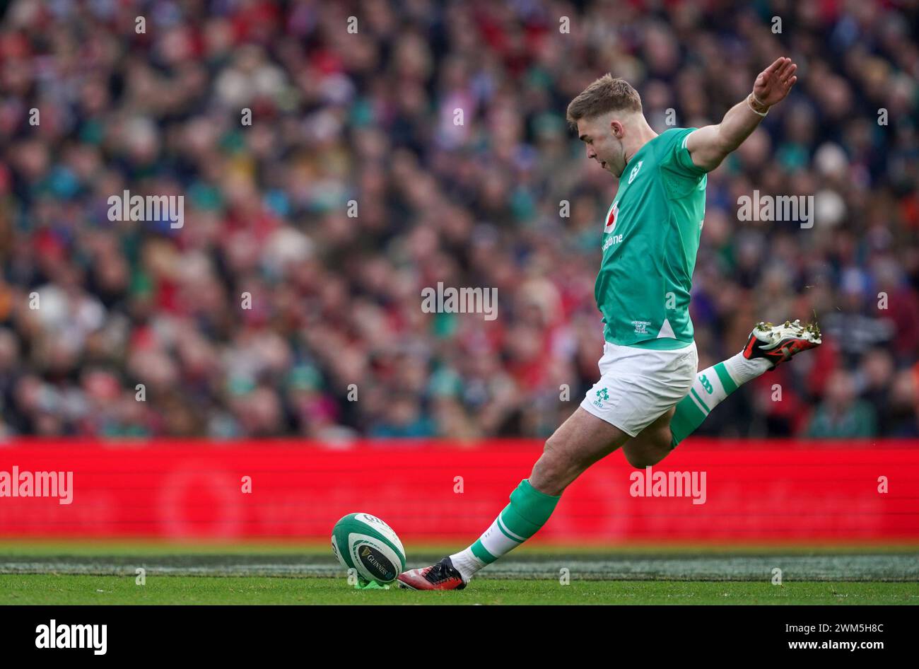 Ireland's Jack Crowley kicks a penalty during the Guinness Six Nations ...