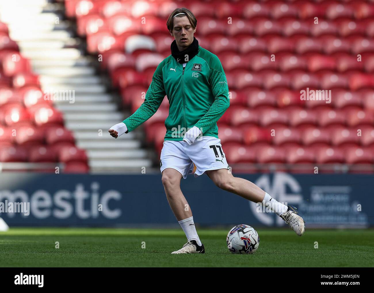 Callum Wright of Plymouth Argyle warming up during the Sky Bet ...