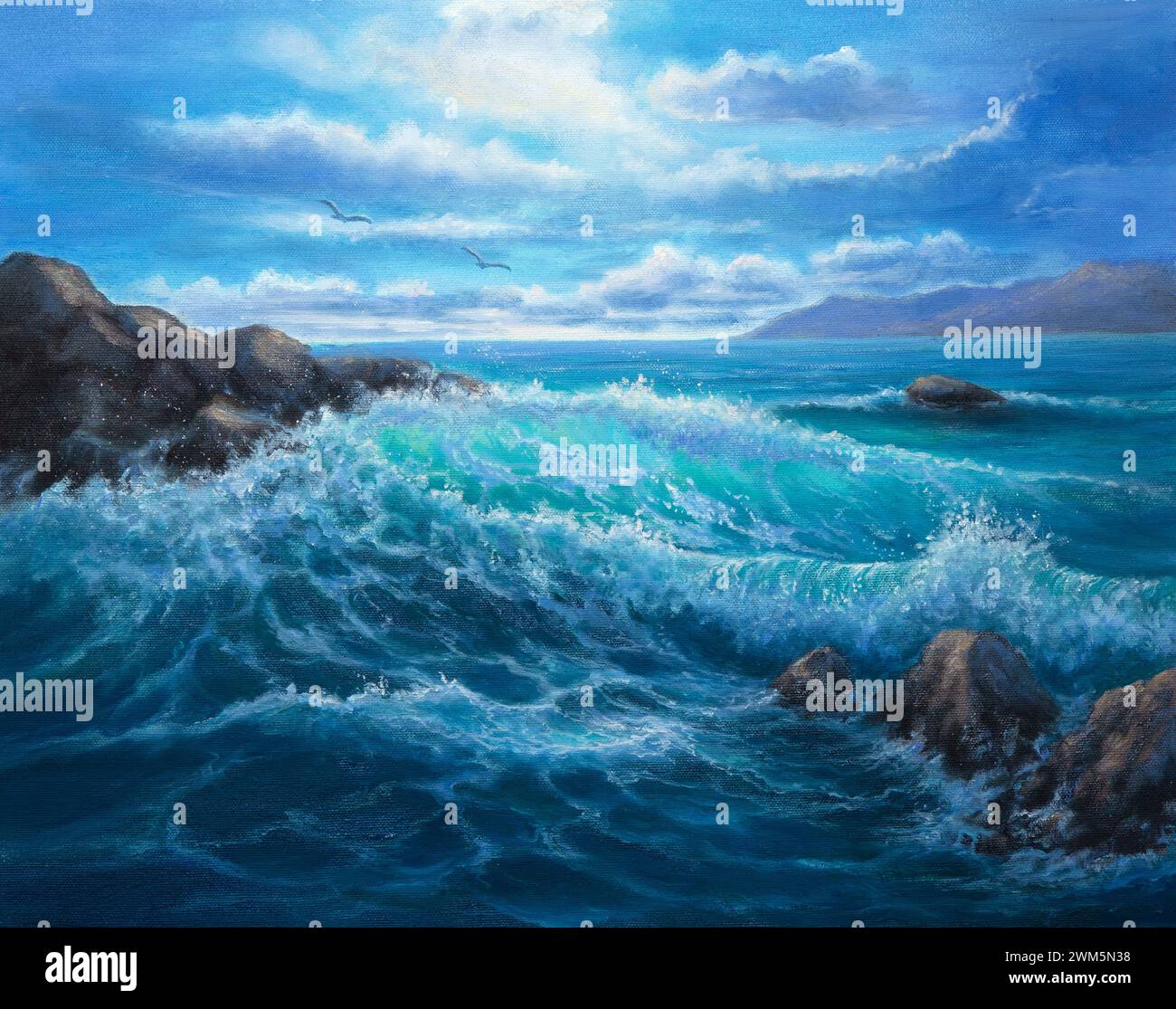 Original oil painting of ocean and cliffs.Sunrise on canvas.Modern Impressionism.Painter ...