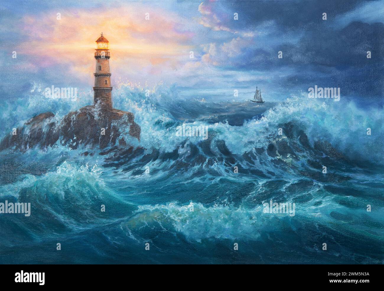 Original oil painting of lighthouse on the seacoast in front of golden ...