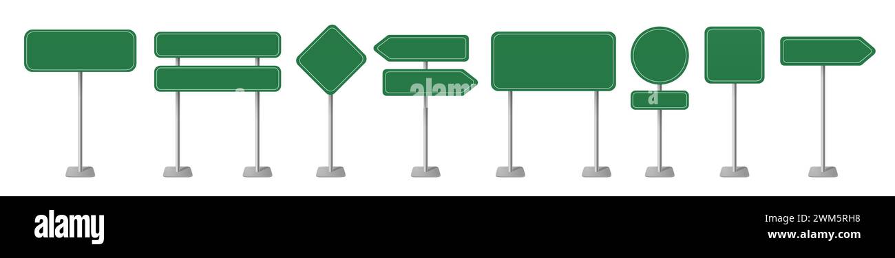 Set of Road green traffic sign board. Realistic blank billboard with place for text. Danger ...
