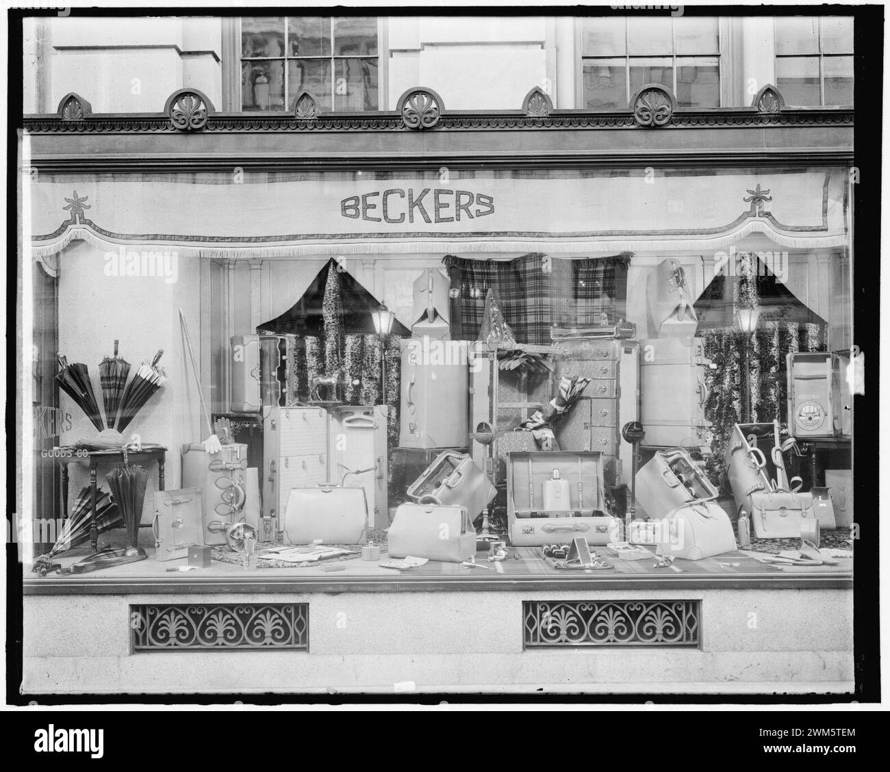 Beckers leather goods display window Black and White Stock Photos ...
