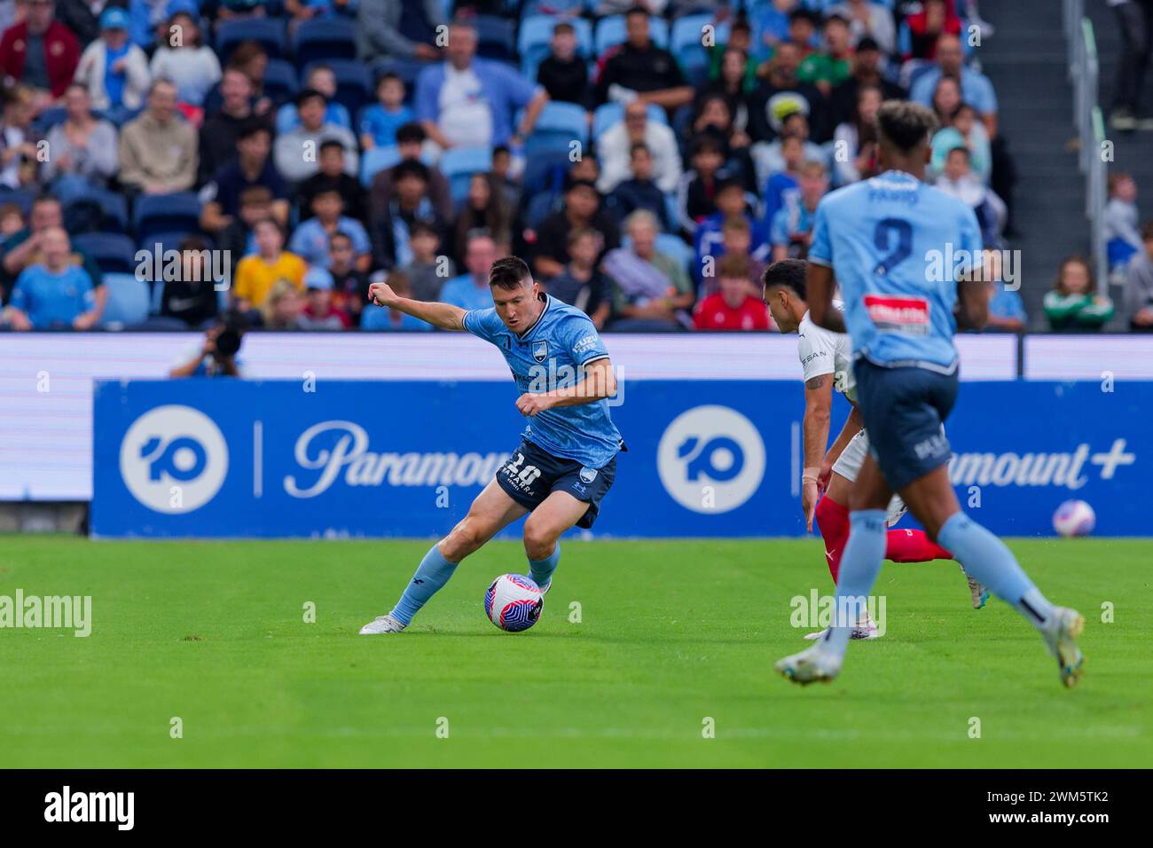 Sydney, Australia. 24th Feb, 2024. Joseph Lolley of Sydney FC controls ...