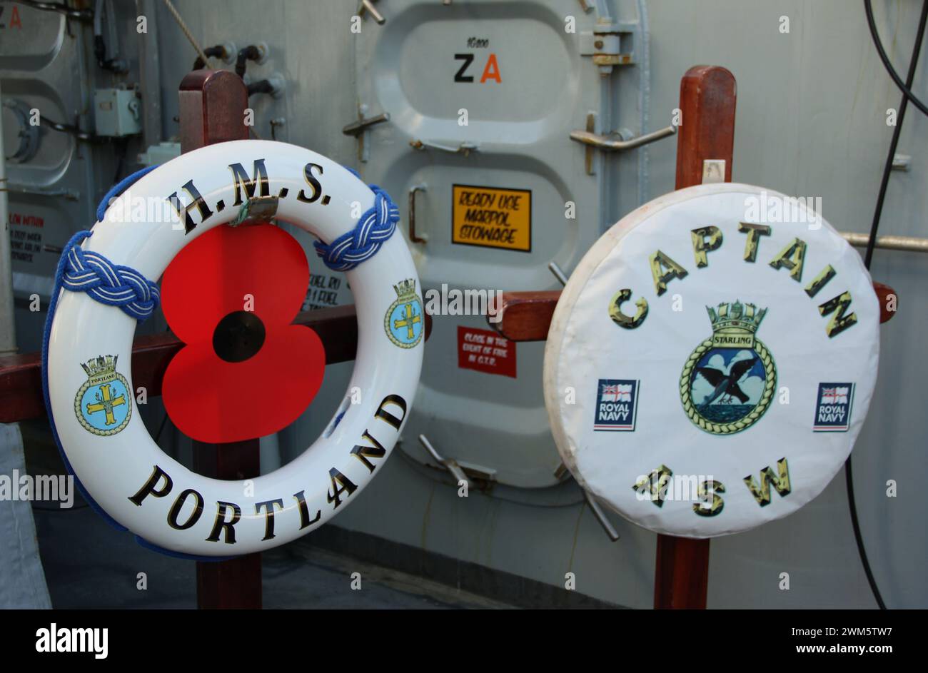 Royal Navy Perry Bouys outside docked ships in Cardiff Bay, Wales, UK ...