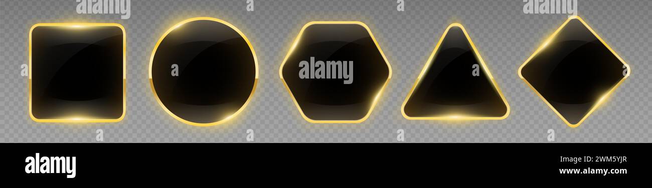 Black banner set with gold shiny frame. Black board signs with golden ...