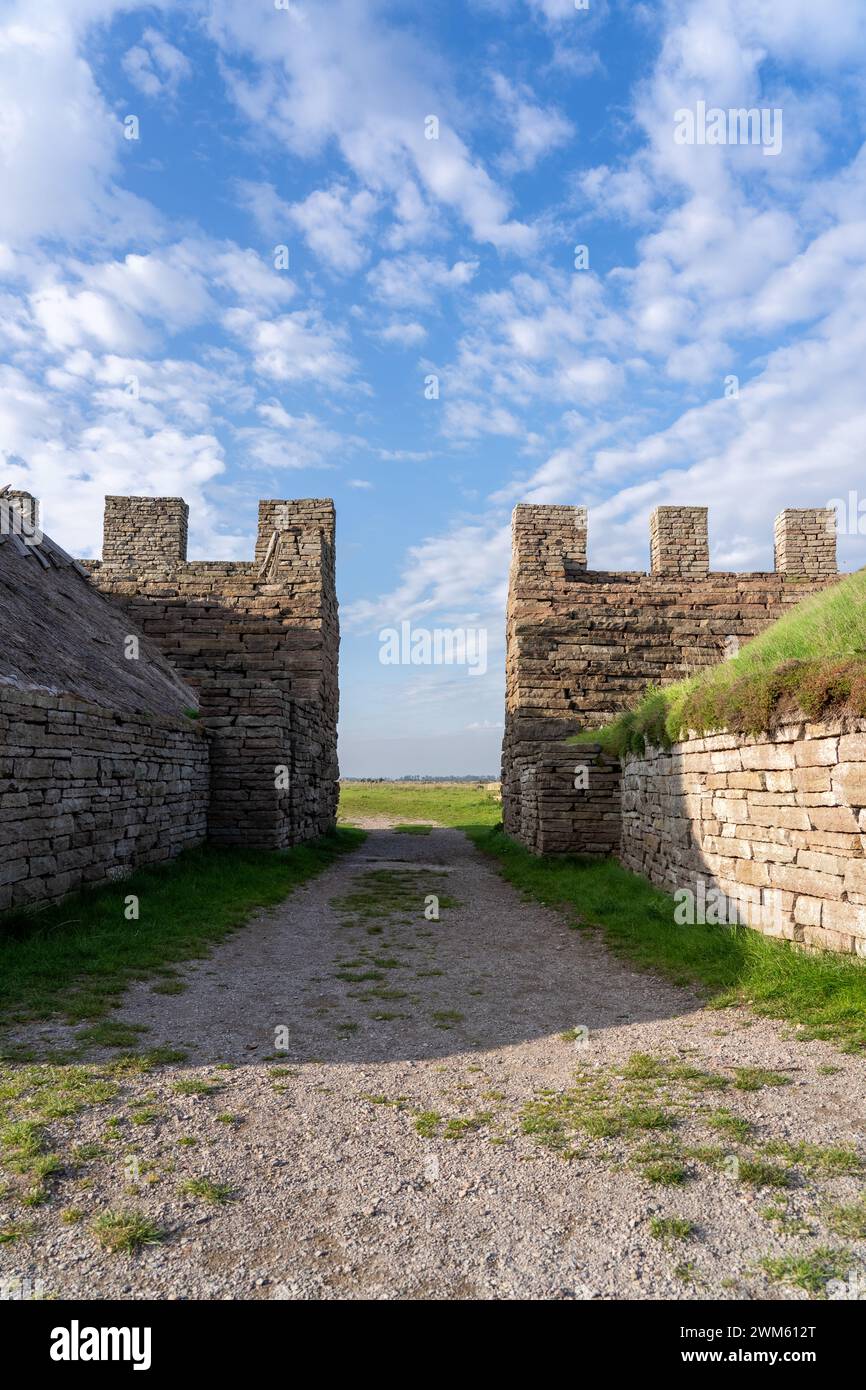 A path surrounded by the stone walls of the Viking castle in Oland ...