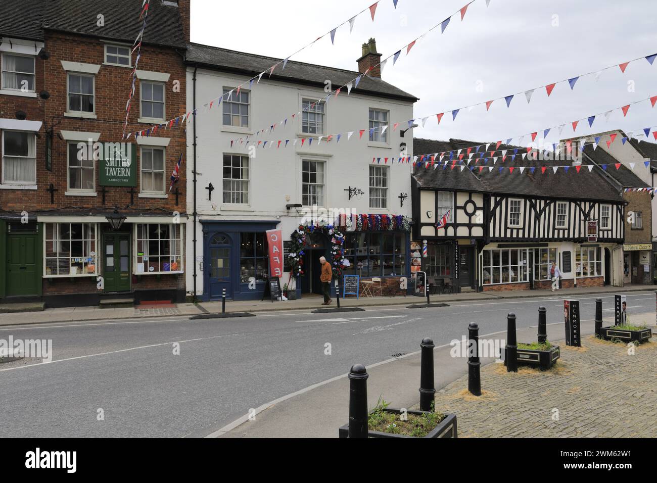 Flags along the Main Street of Ashbourne town; Peak District National ...
